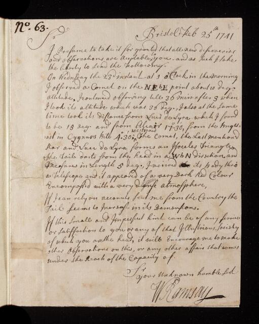Letters, 'Of the late comet' from W Ramsay, Thomas Wright and John ...