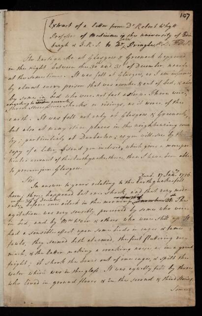 Letter, 'Earthquake at Glasgow on 30 and 31 Dec 1755. Also of a shower ...