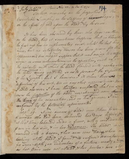 Paper, 'Of coagulable lymph and stopping haemorrhage' by William Hewson ...