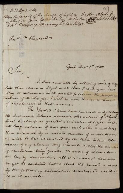 Letter, 'Of the periods of the light of the star Algol' from John ...